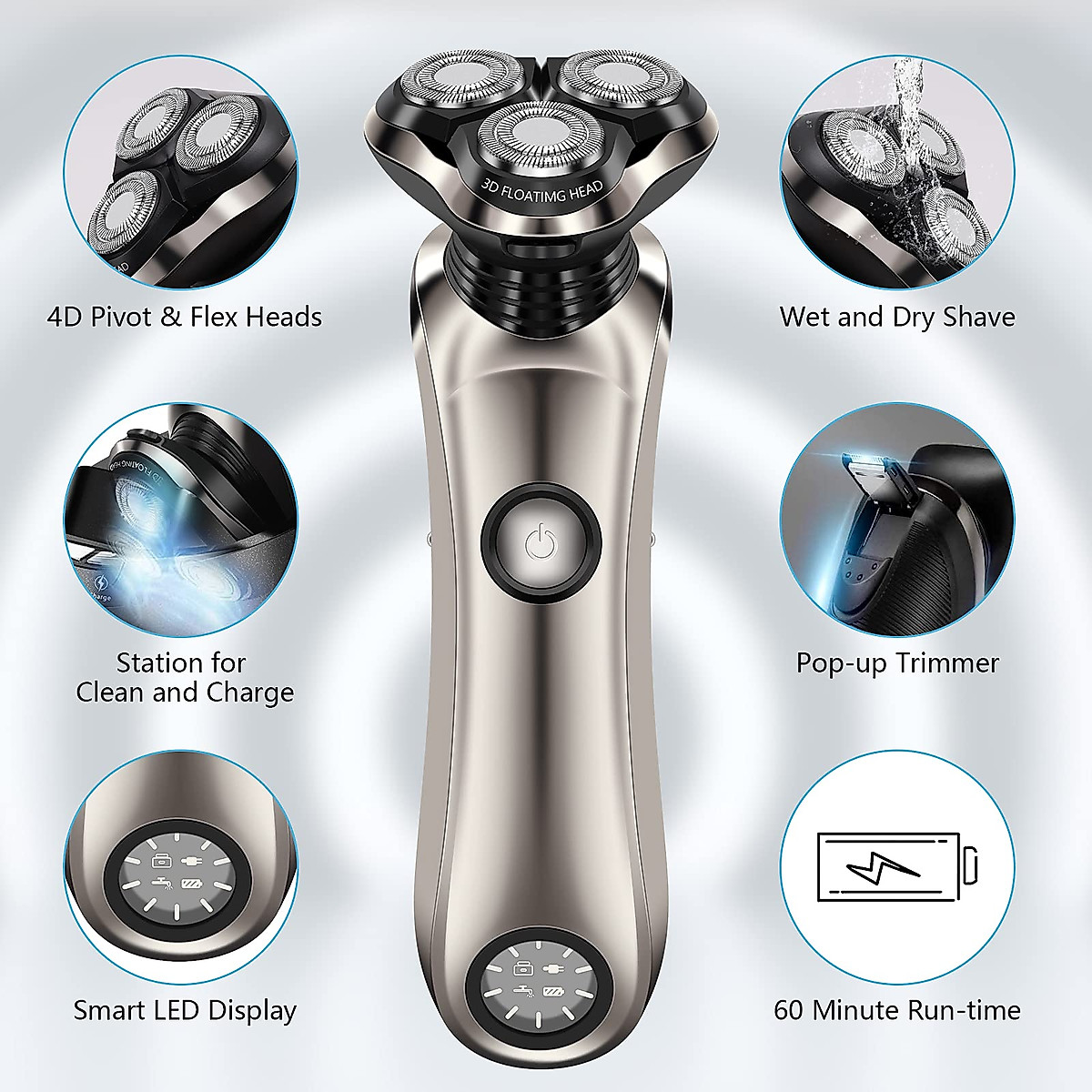 XMOX Rechargeable Mens Shaver with Stand for Clean Sterilization, Wet/Dry Electric Shaver with Pop-up Trimmer, IPX 7 100% Waterproof, LCD Battery Display, 4D Pivot Flex Heads