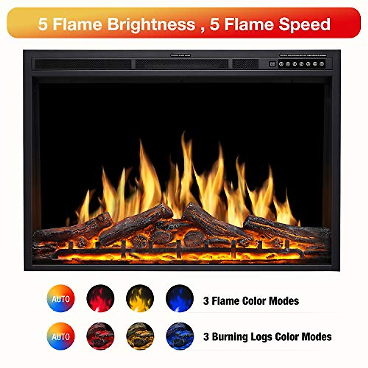R.W.FLAME Electric Fireplace Insert 37Inch with Adjuatble Flame Colors, Log Colors, Flame Speed and Brightness, Remote Control, 750W/1500W