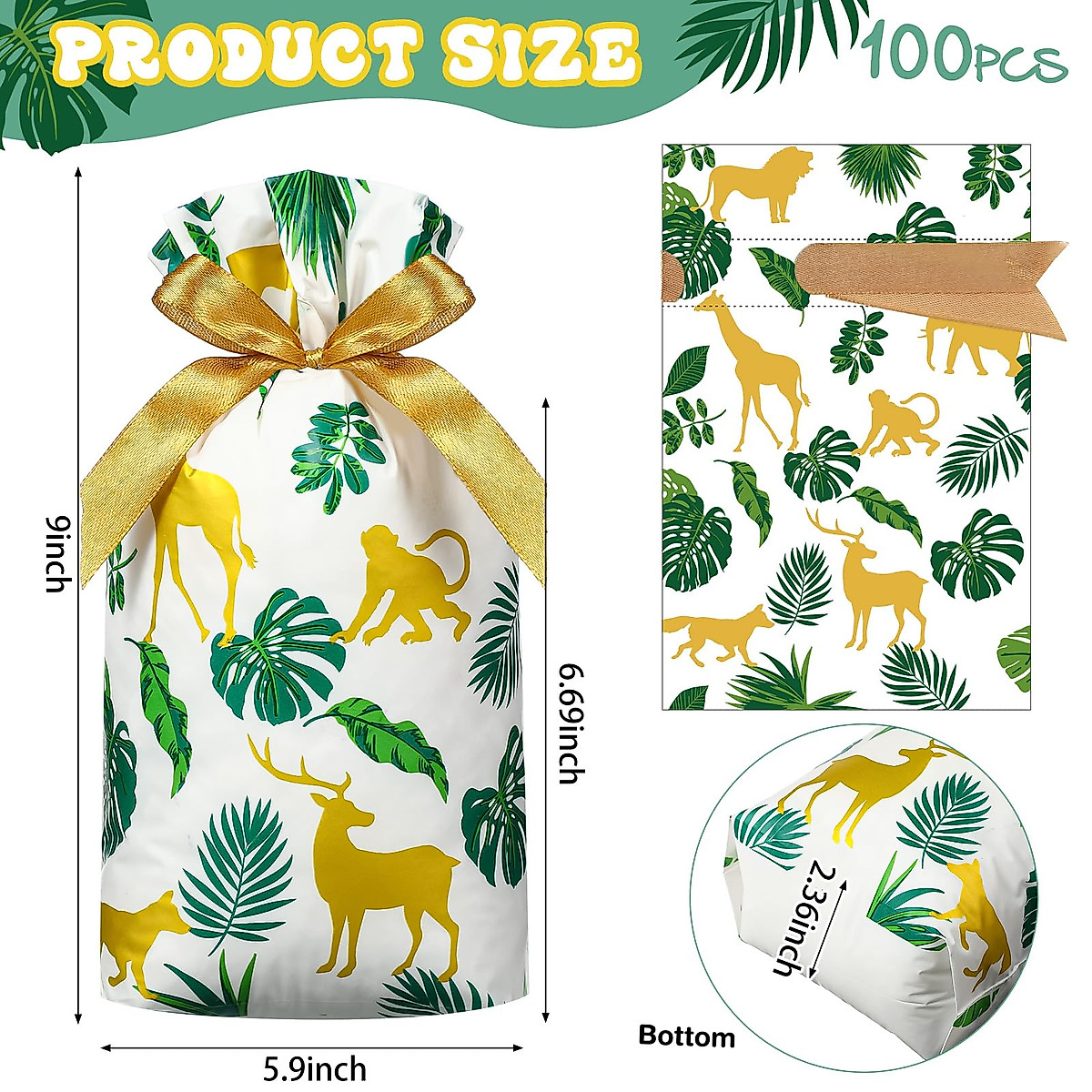 50 Pcs Jungle Animal Treat Bags Green Gold Safari Animal Palm Leaves PE Plastic Candy Goodie Bags Safari Party Favor Bags with Gold Drawstring Ribbons for Wild Jungle Baby Shower Birthday Party Favors