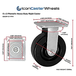 ICON Caster Wheels 6" x 2" PHN Heavy Duty Industrial Casters, Top Plate 4" x 4.5", Black, 2 Rigid 2 Swivel, Non-Marking Phenolic Wheel, Load Capacity 4800 lbs. per Set (4-Pack)