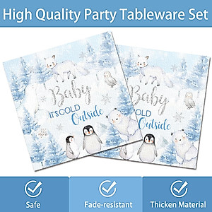 170pcs Winter Woodland Baby Shower Decorations Arctic Animals Plates Napkins Baby It's Cold Outside Snowflake Penguin Arctic Fox Tableware Set Banner Tablecloth for 24 Guests