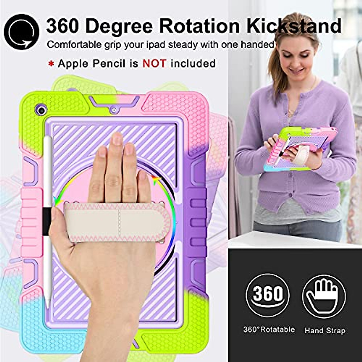 Hocase for iPad 6th/5th Generation Case, iPad 9.7 2018/2017 Case, with Pencil Holder, 360 Rotation Stand & Hand Strap, Rugged Shockproof Soft Silicone Hard Protective Case for Kids & Girls - Rainbow