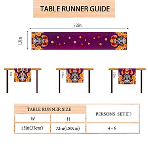 Linen Dia De Los Muertos Table Runner 72 Inches Long Day of The Dead Tablecloth Mexican Fiesta Themed Party Decorations and Supplies for Home Kitchen Dining Room Table