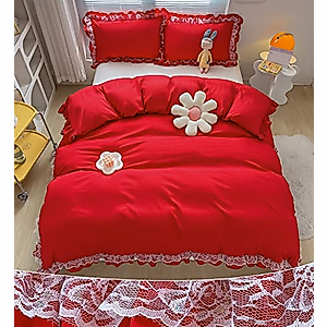 MOOWOO Chic Ruffle Lace Polyester Duvet Cover Set -Girl Red Bedding-3 Piece Full Duvet Cover with Zipper Closure -Ultra Soft and Light Weight (Red, Full Size)