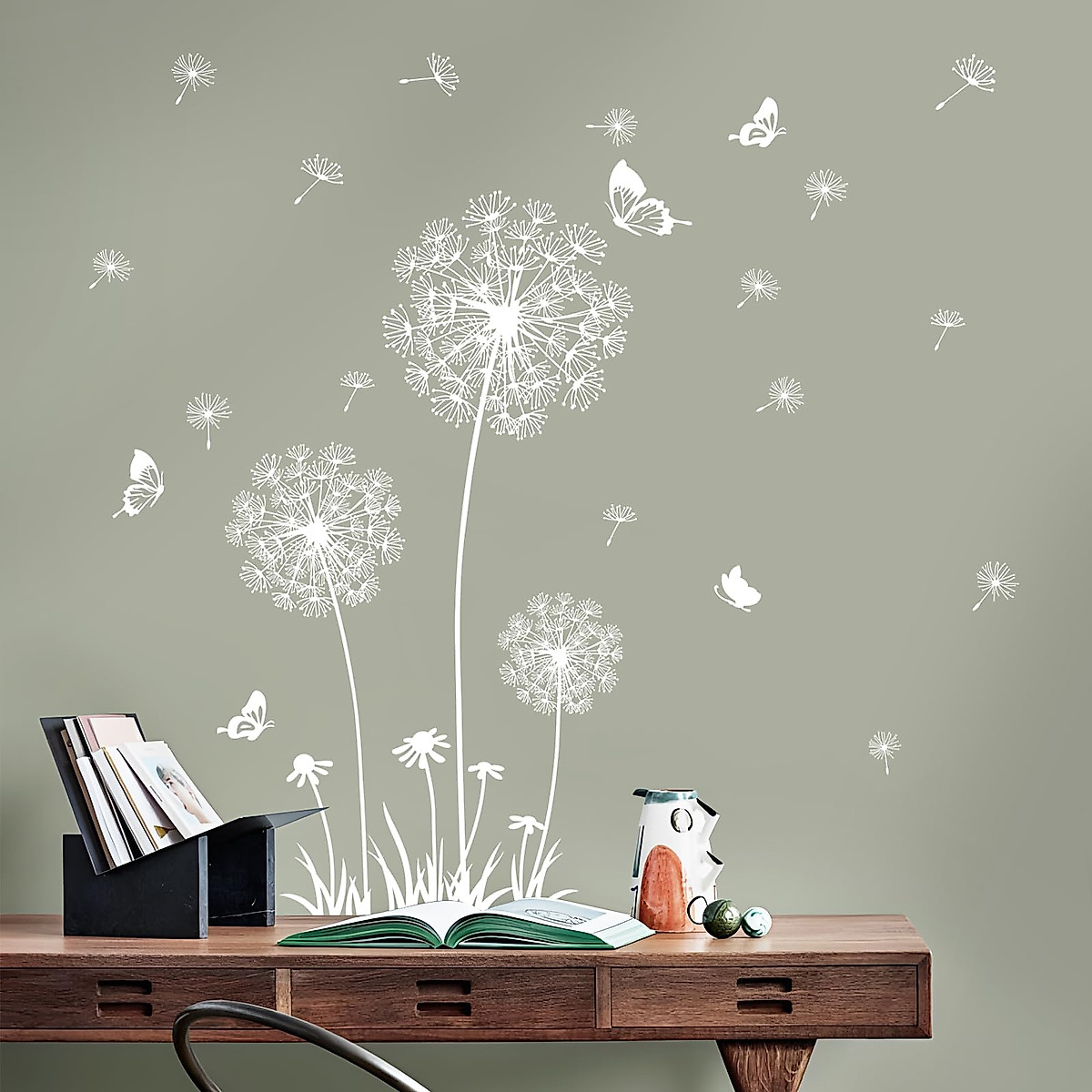 Supzone Dandelion Wall Stickers Flower Wall Decals Butterflies Flying Wall Decors Art Stickers for Bedroom Living Room Sofa Backdrop TV Wall Decor (White Dandelion)