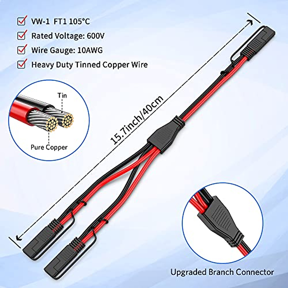 ELECTOP 10AWG SAE Y Splitter Cable SAE Quick Disconnect Connector, 1 to 2 SAE to SAE Extension Cable 2-Way Wire Splitter, SAE DC Power Automotive Adapter Cable SAE Plug for Solar Panel Battery Charger