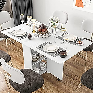 DINAZA Folding Dining Table Drop Leaf Table for Small Spaces with 2 Tier Storage Racks Multifunction Space Saving Table Extension Dinner Table for Kitchen Living Room