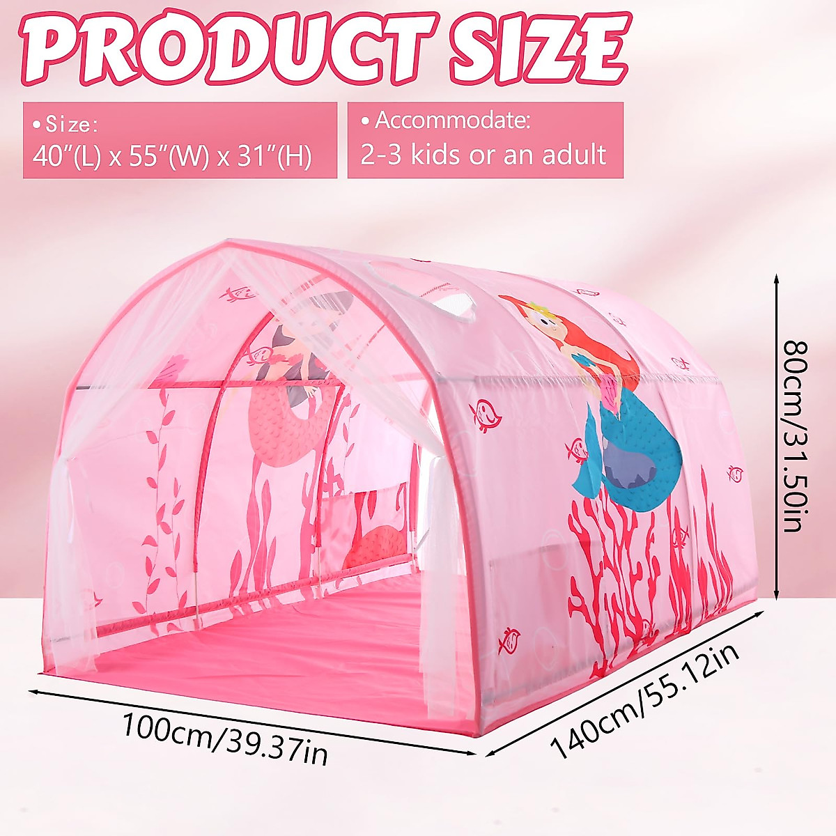 Berlune Play Tent for Girls Boy, Mermaid Dream Bed Tents with Star String Light, Banners, Double Net Curtain, Breathable Pocket, Carry Bag Portable Kids Playhouse Pink Sleeping Tent, 55''x 39'' x 31''