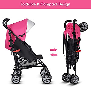HONEY JOY Baby Lightweight Stroller, Compact Travel Stroller for Airplane, Adjustable Backrest & Canopy, 5-Point Harness, Cup Holder, Storage Basket, Foldable Umbrella Stroller for Toddlers (Pink)