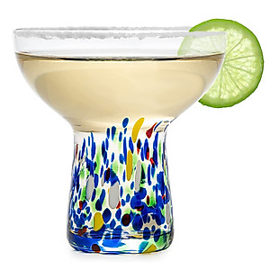 Stemless Margarita Glass – Set of 4 - Luxury Hand Blown Confetti Margaritas, for Cocktails, Water, Wine, Dessert, Martini & Champagne Glasses Cinco de Mayo, Hand Blown Glass - Mexican Confetti Design