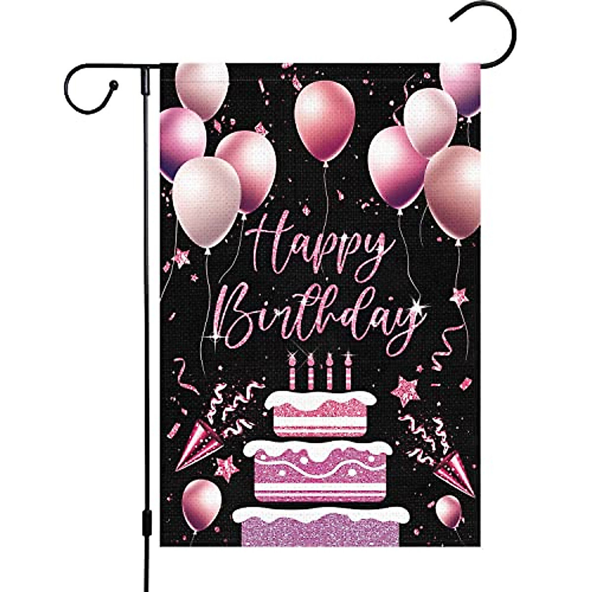 Happy Birthday Garden Flag Balloons Pink Birthday Cake Yard Flags 12x18 Inch Double Sided Burlap Banner for Farmhouse Outdoor Prime Birthday Party Celebration Decoration(ONLY FLAG)