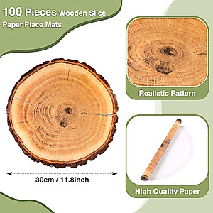 TaoBary 100 Pieces Disposable Wooden Slice Paper Place Mats Round Rustic Brown Wood Slices Charger Place Mat Bulk Table Paper Placemats for Summer Spring Fall Wedding Dinner Baby Shower Birthday Party