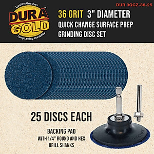 Dura-Gold 3" 36 Grit Quick Change Zirconia Coarse Cut Grinding Disc Set, 25 Discs & Backing Pad - R-Type Roll Lock Sandpaper Discs