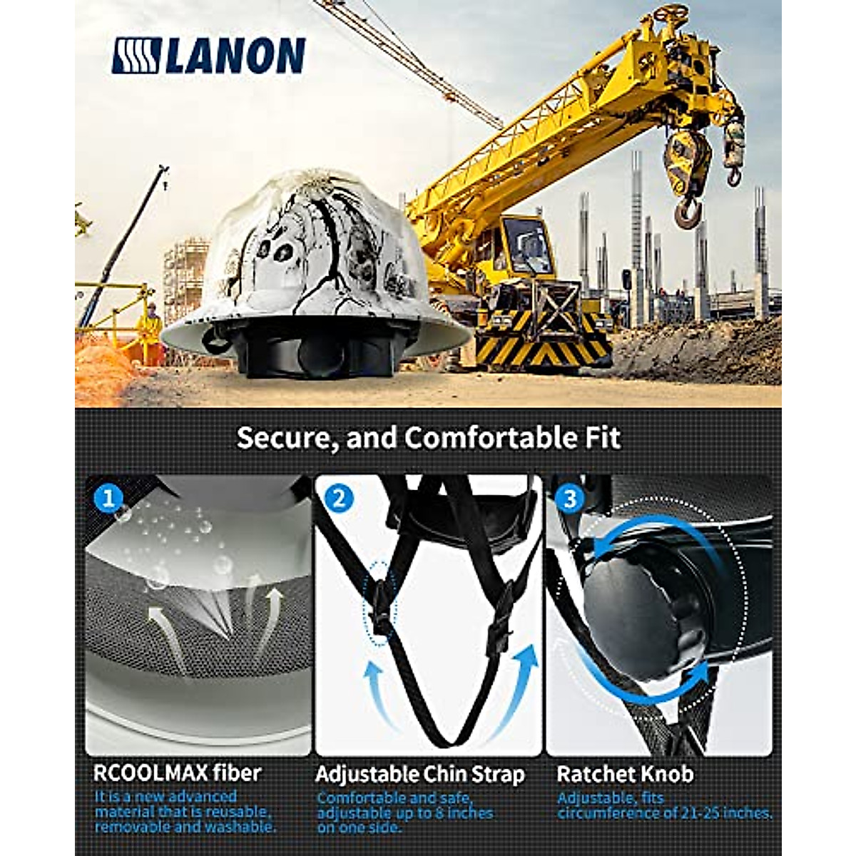 LANON Full Brim Hard Hat, OSHA Construction Work Approved, Premium Charcoal Gray Design, FRP Safety Helmet with 4 Point Adjustable Ratchet Suspension, Class C