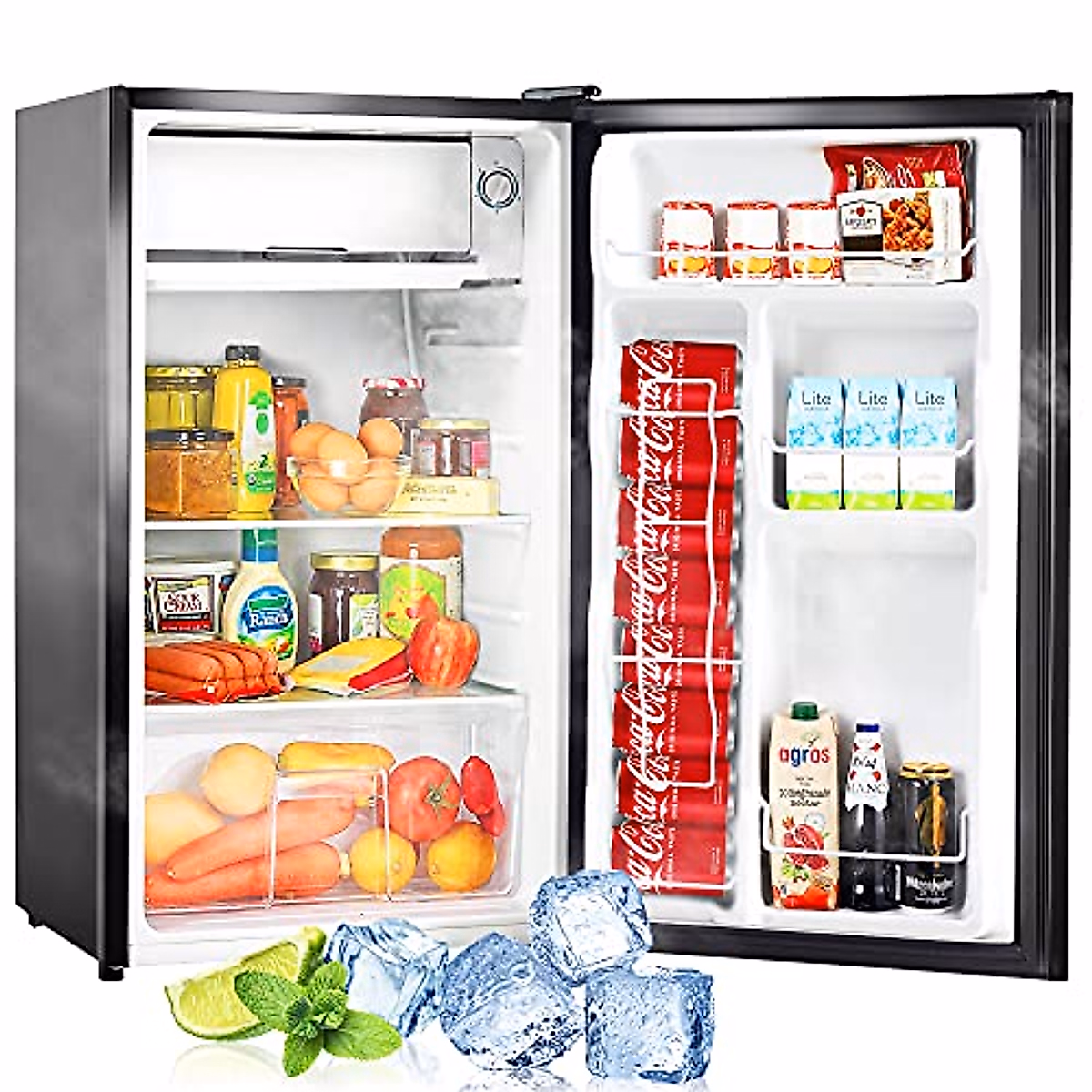 3.2 Cu. Ft. Stainless Steel Double Doors Compact Mini Refrigerator Internal Freezer Compartment Cooler Fridge Perfect For Home Kitchen Hotel Office Dorm Wet Bars Adjustable Temperature Mechanism
