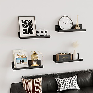 PuzFun 12" Black Acrylic Floating Shelves, 4 Pack Wall Shelf with Cable Clips, Book Shelf for Expand Wall Display Space, Acrylic Organizers for Living Room, Bathroom, Gaming Room, Dorm Wall Decor