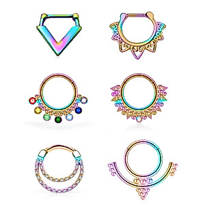Ovxznts 6Pcs Septum Ring Septum Piercing Jewelry 16g Septum Clicker Ring Stainless Steel Septum Nose Rings Hoop for Men Women 10mm 3/8 inch Rainbow