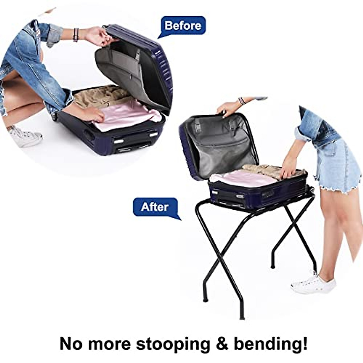 ADUZA Folding Luggage Rack, Collapsible Metal Suitcase Stand with Durable, Holds up to 110 lb for Guest Room, Suitcase Stand, Foldable Steel Frame, for Hotel, Bedroom, 27.2 x 15 x 20.5 Inches Black