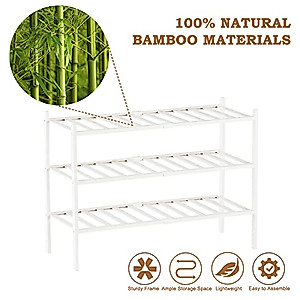 Quiqear Bamboo Shoe Rack, 3 Tier Shoe Rack Organizer, Stackable & Durable Shoe Shelf Holder, Free Standing Shoe Racks, Shoe Storage Organizer for Entryway, Closet, Hallway, 27.2*11*18.3inch (White)