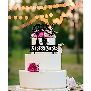 Yuezoloz Funny Wedding Cake Topper,The Bride and Groom Sitting in Swing Under Tree Wedding Cake Topper,Mr and Mrs Wedding Cake Topper, Romantic Wedding Shower/Anniversary Cake Topper (Tree & Swing)