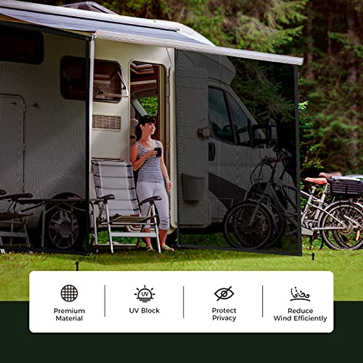 WELKIN RV Awning Sun Shade Screen, (7' x 9'), Black Mesh Screen Sunshade, UV Sun Blocker Canopy Complete Kits for Motorhome Camping Trailer