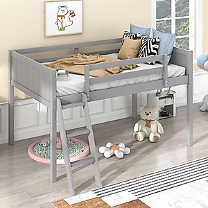 Twin Size Low Loft Bed for Kids,Solid Wood Low Loft Bed with Safety Ladder,Kids Loft Bed Frame Twin Size with Guardrail,Space Saving Loft Bed for Girls Boys (Gray)