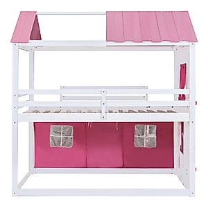 Merax Full Over Full Bunk Wood House Bed with Elegant Windows, Sills and Tent, Pink+White