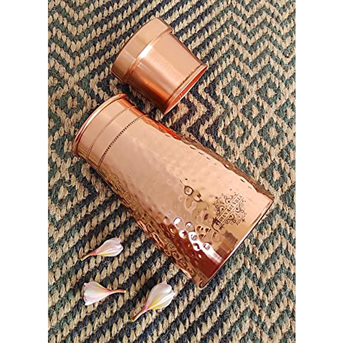 Indian Art Villa Pure Copper Bedroom Water Bottle With Inbuilt Glass & Hammered Shine Design, Drinkware, Storage Purpose, Volume-37 Oz