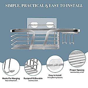BA-BOLING 1-Pack Single Man/Woman Small Bathroom Shower Caddy Storage Rack with Soap Holder & Hooks, Hanging Adhesive, Tear & Paste, 304 Stainless Steel, Silver