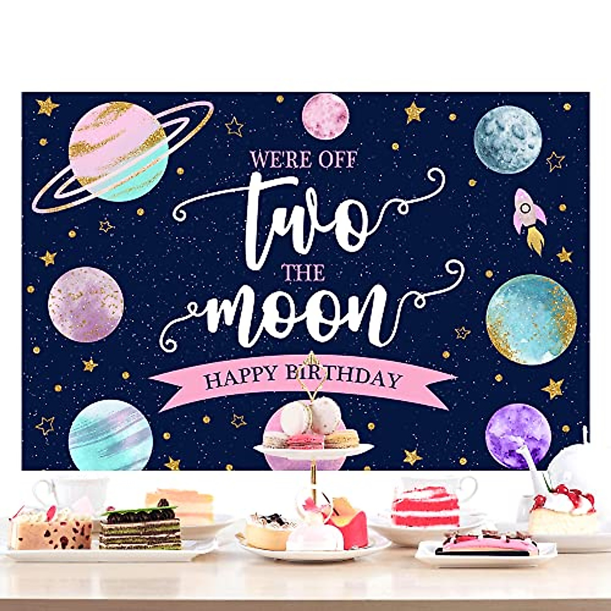 9x6ft Two The Moon 2nd Birthday Backdrop for Boy or Girl Outer Space Rocket Astronaut Theme Background Night Sky Gold Hanging Stars Planet Galaxy Photo Photography Party Decoration Supplies