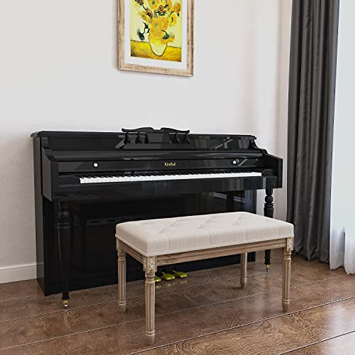 Yusong Upholstered Bench,Bedroom Bench for End of Bed,Piano Bench Dining Bench Entryway Shoe Bench with Button Tufted Padded Seat for Living Room, Vanity Bench Foot-Stool with Carved Wood Legs,Beige