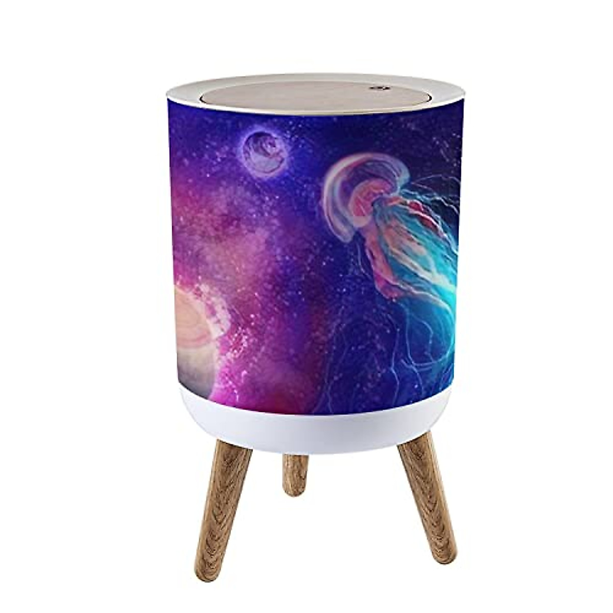 Small Trash Can with Lid Free Space Galaxy Planets and Space Jellyfish Fantasy Abstraction Round Recycle Bin Press Top Dog Proof Wastebasket for Kitchen Bathroom Bedroom Office 7L/1.8 Gallon