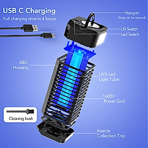 GKKOWN Bug Zapper Outdoor and Indoor, Mosquito Zapper, Fly Zapper, Electric Rechargeable Cordless Waterproof Mosquito Trap, Mosquito Killer Lamp for Home, Patio, Camping and RV, USB Battery Powered