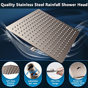 Shower Head Brushed Nickel, Upgraded 12" Rain Shower Head with 12" Flexible Curved Shower Extension Arm and High Pressure 4 Setting Handheld Shower Head Combo, Built-in Power Wash, 60’’ Shower Hose