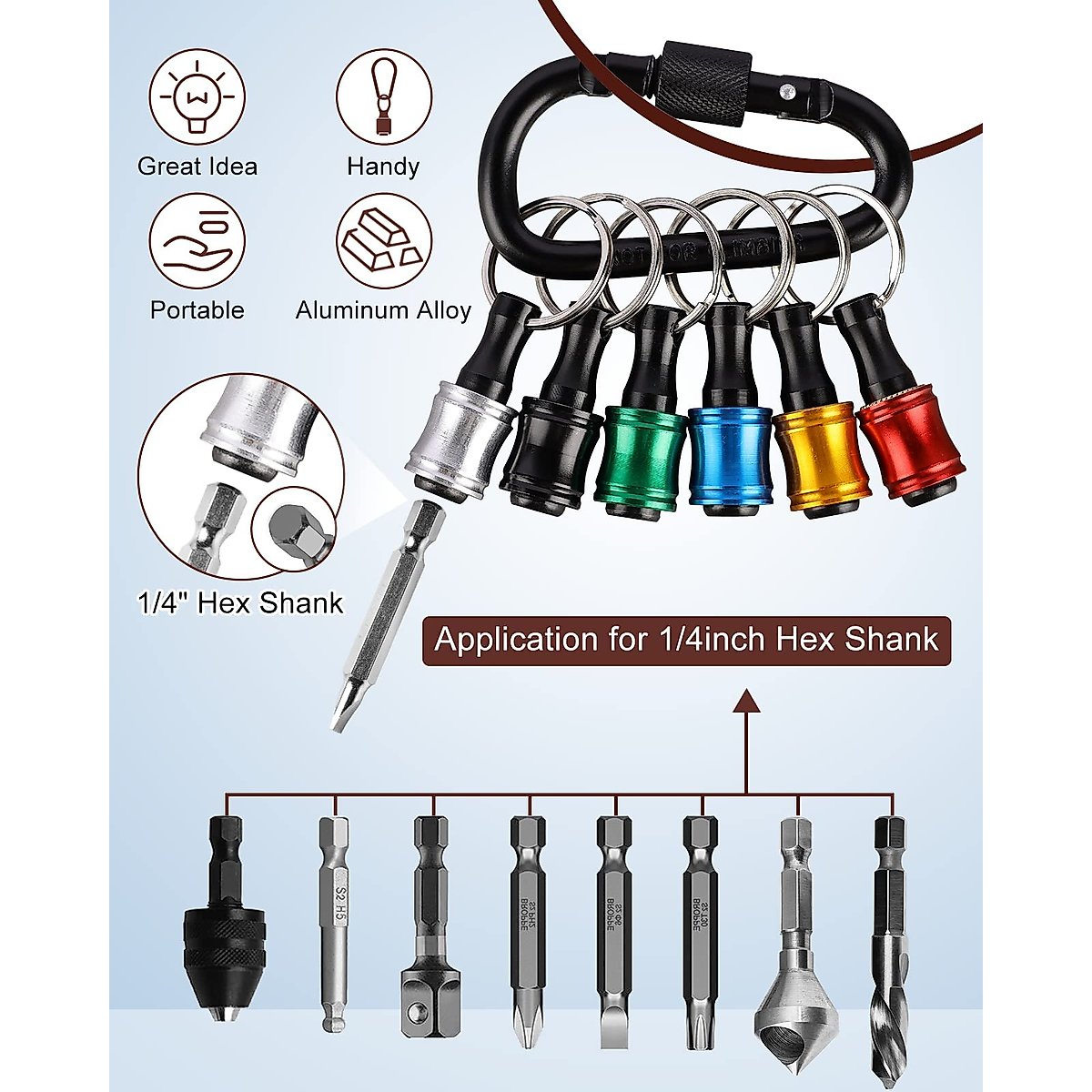 12pc Portable Bit holder Keychain, 1/4in Hex Shank Screwdriver Bit Clip for Impact Driver Flexible Drill Bit Extension Nut Driver W/Black Carabiner, Quick Release Lightweight Drill Screw Adapter