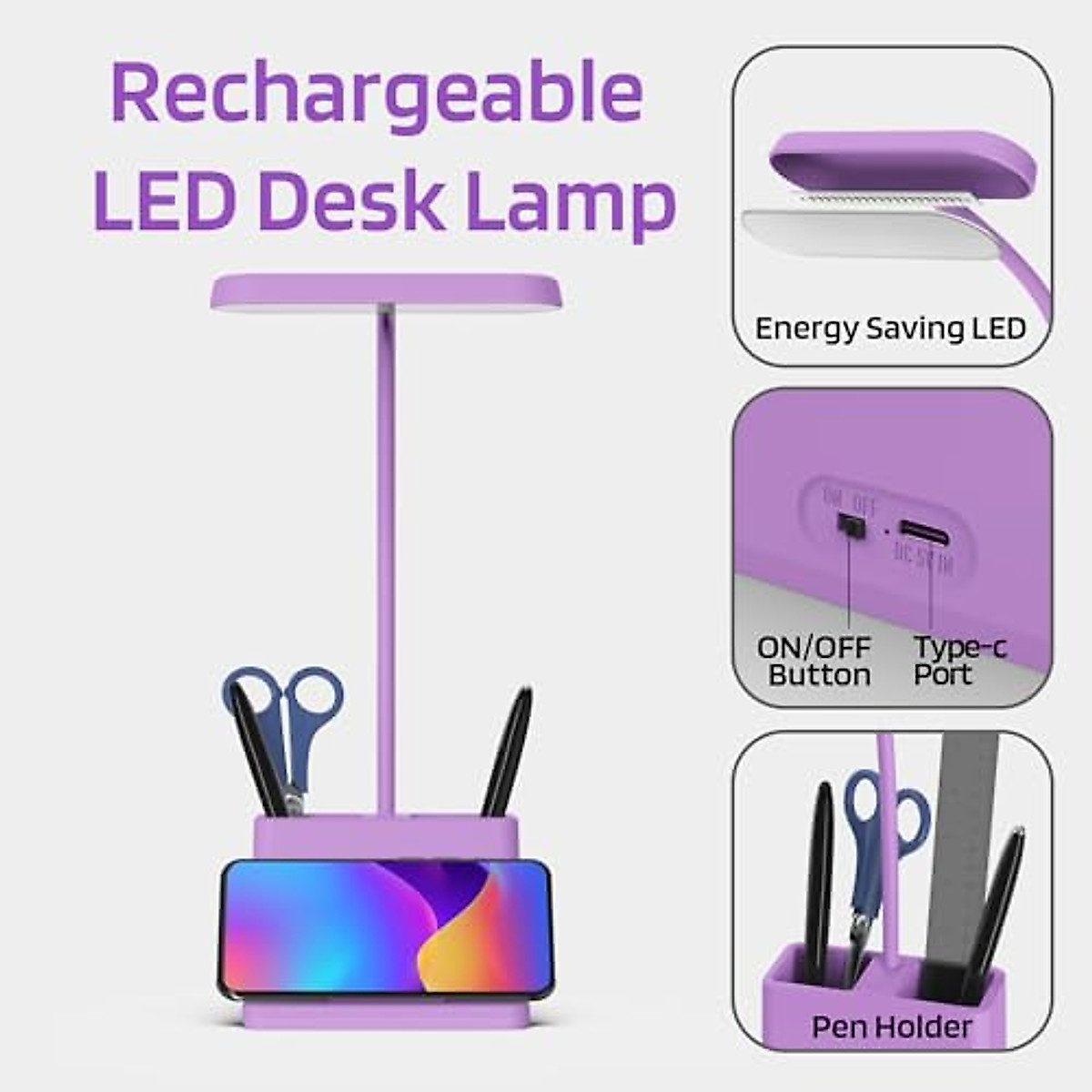 AXX Cute Purple Desk Lamp, Rechargeable Study Table Light for Home Office, Small, Battery Operated, LED, Flexible Gooseneck, Mini, Cordless, College Dorm Room Desktop Accessories for Kids Teen Girls