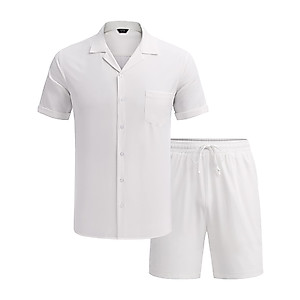 COOFANDY Men's 2 Pieces Shirt Set Short Sleeve Button Down Casual Hippie Holiday Beach T-Shirts Shorts Outfits (01-White, Medium)