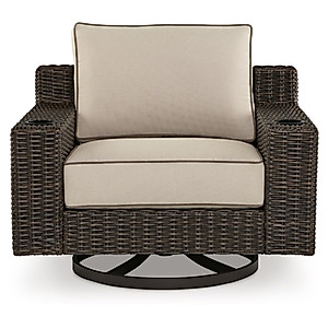 Signature Design by Ashley Coastline Bay Casual Outdoor Swivel Lounge with Cushion and 2 Cup Holders, Beige & Dark Brown