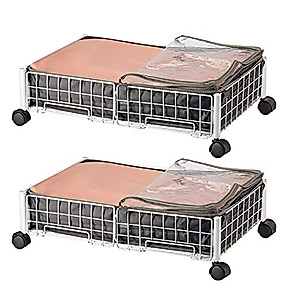 HOUSE AGAIN 2-in-1 Under Bed Storage with Wheels, Rolling Drawers Shoe Organizer, Under the Bed Storage Cart, Quality Storage Bags & Zippers, Clear Window & Solid Fabric, 2 Pack, (White)…