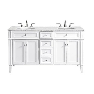Elegant Kitchen and Bath 60 inch Double Bathroom Vanity Cabinet Set with White Marble Countertop - White