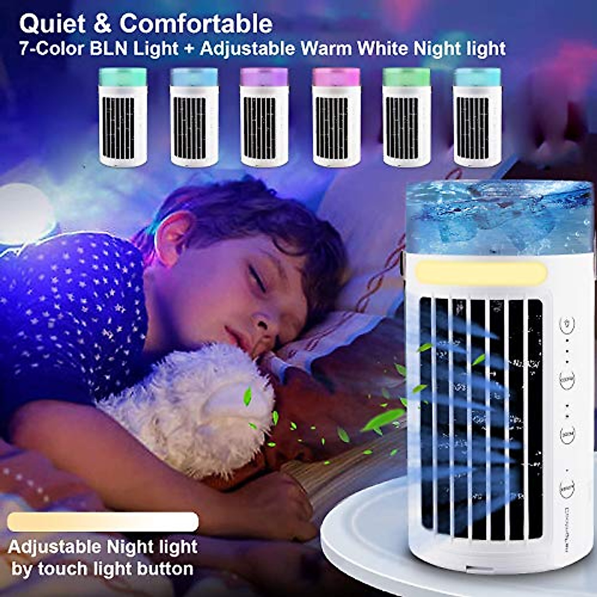 YPingk Portable Air Conditioner Fan Personal Air Cooler Desk Cooling Fan Quiet Humidifier Misting Fan with 7 Colors Night Light 3 Speeds Mini Evaporative Cooler for Home Office Bedroom