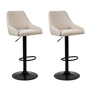 GIA Home Furniture Series Bar Height Adjustable and Swivel Metal Stool with Beige Linen Upholstered Seat, Black, Set of 2