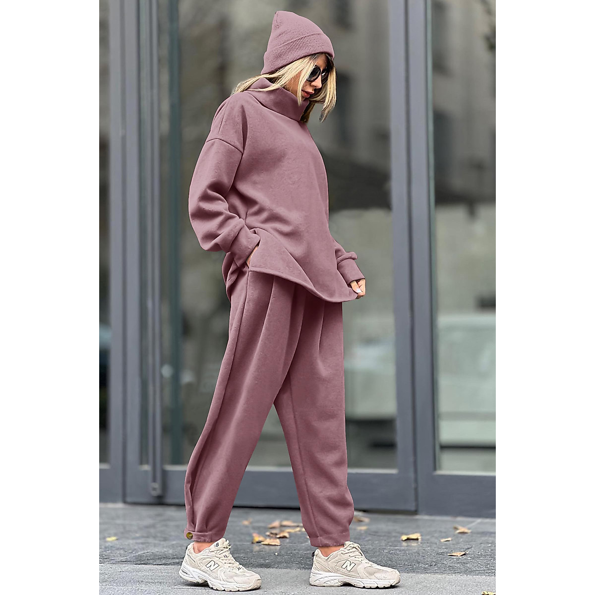 PRETTYGARDEN 2 Piece Outfits For Women Fall Long Sleeve Tracksuit Set High Neck Pullover Shirts Pockets Pants Y2K Sweatsuits (Purple Red,Medium)