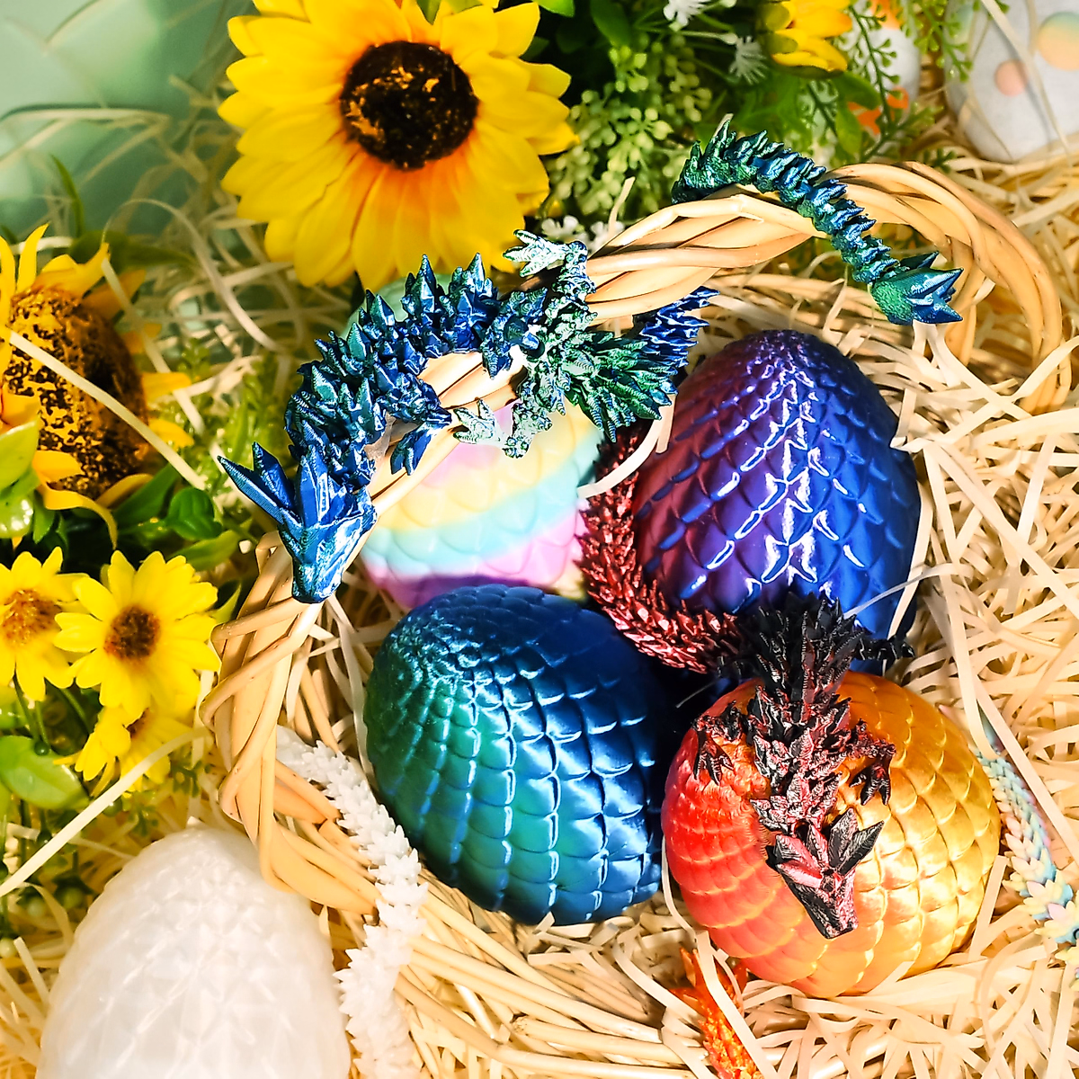 Impossmaker 6PCS 3D Printed Easter Dragon Eggs with 3D Printed Dragon Inside, Easter Basket Stuffers Mini Dragon Egg Set Articulated Crystal Dragon Fidget Toy for Adults Teens