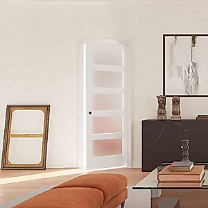 SOLRIG 30" x 80" French Interior Door - 5 Lites Tempered Frosted Glass Pantry Door Panels, Closet & Bathroom Single Door Slab, White Primed, MDF - Panel Need to Assembly