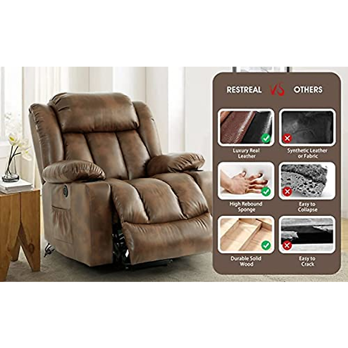 COOSLEEP Large Power Lift Recliner Chair with Massage and Heat for Elderly, Overstuffed Wide Recliners, Breathable Leather with Breathable microporous, USB Ports, 2 Cup Holders (Light Brown)