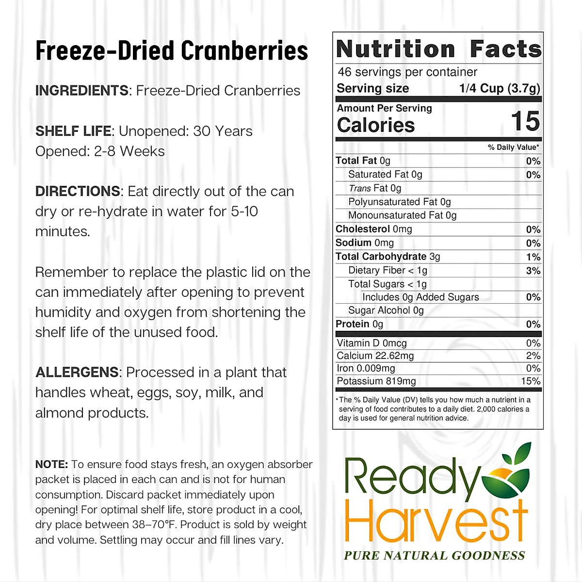 Ready Harvest Cranberries Dried Fruit Freeze-dried Fruit, Unsweetened, Freeze-dried Food Pantry Staples Survival Food, Bug Out Bag Backpack, Camping Essentials, #10 Can | 25-year shelf life 170g