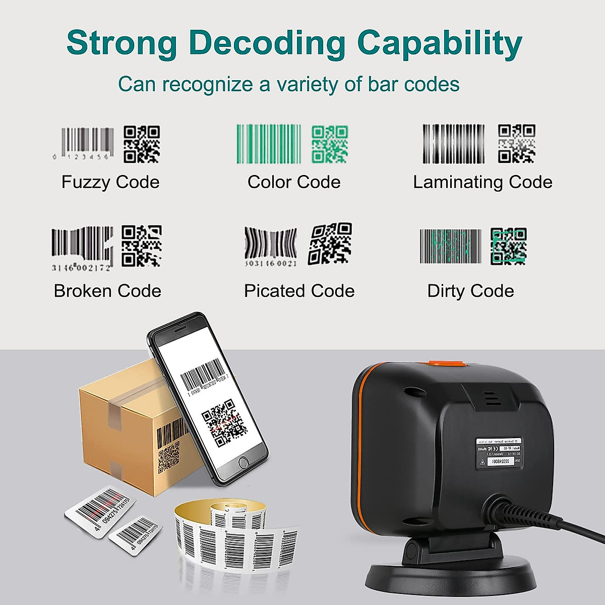 1D 2D Desktop Barcode Scanner, OBZ Omnidirectional Automatic Sensing Scanning Hands Free USB Desktop Barcode Scanner, Wired Screen Bar Code Reader Scanner for POS PC, Store, Supermarket, Warehouse