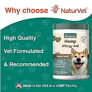 NaturVet Hemp Allergy Aid Supplement for Dogs, Hemp Seed, Antioxidants, Omegas, Dha & Epa for Healthy Skin & Respiratory Health, 120 Count