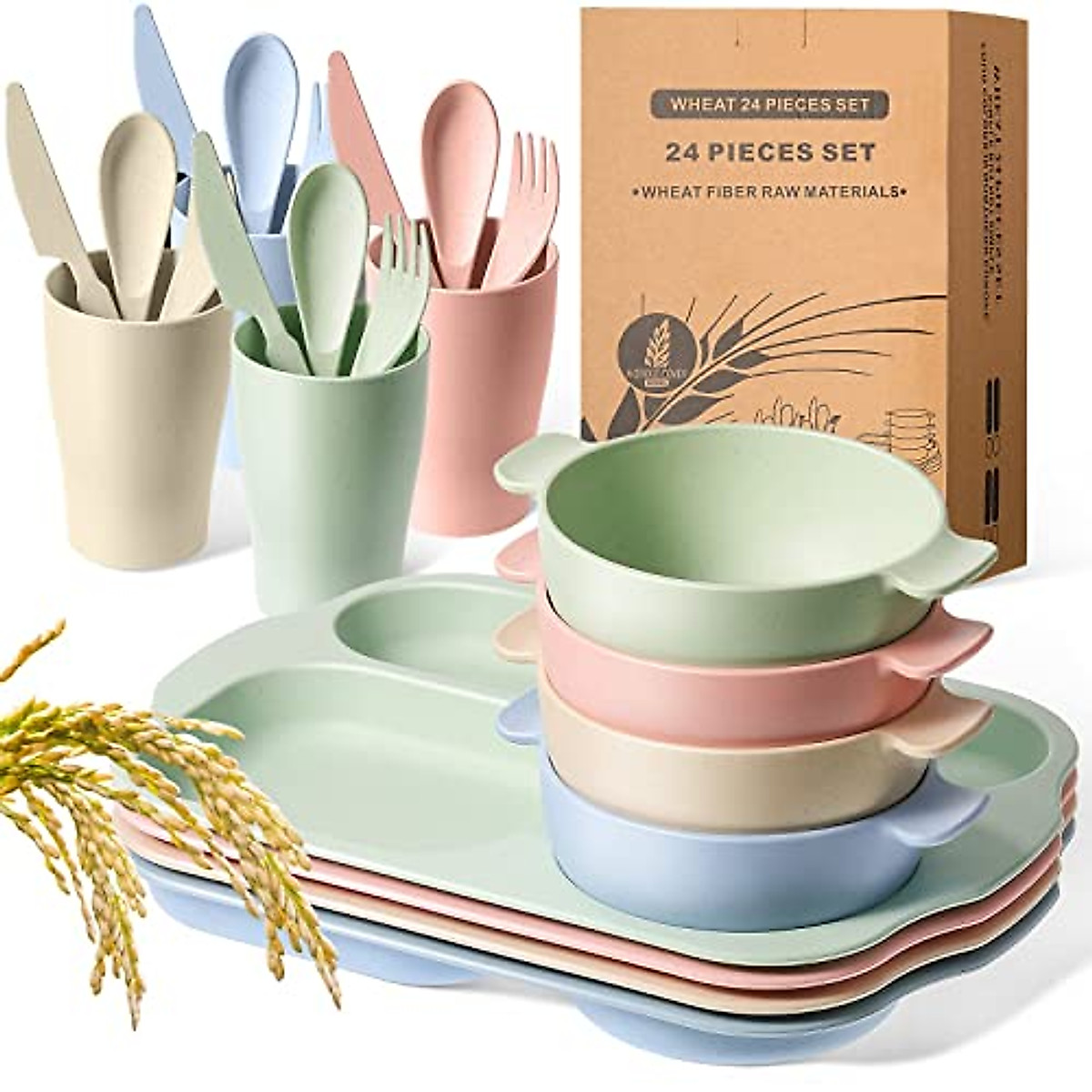 24 Pcs Wheat Straw Dinnerware Cutlery Set Including Kids Toddlers Divided Plates Microwave Dishwasher Safe Bowl Unbreakable Tableware Straw Cutlery Spoon Knife Fork Cup (Beige/Pink/Green/Blue)